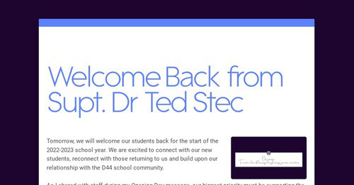 Welcome Back from Supt. Dr Ted Stec