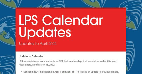 LPS Calendar Updates
