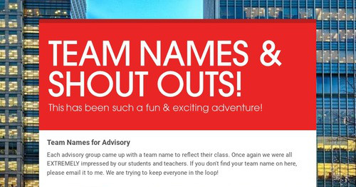 TEAM NAMES & SHOUT OUTS! | Smore Newsletters for Education