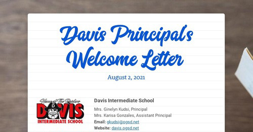 Davis Principal's Welcome Letter | Smore Newsletters for Business