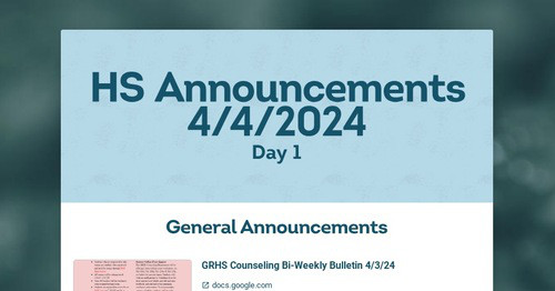 HS Announcements 4/4/2024 HS Announcements 4/4/2024