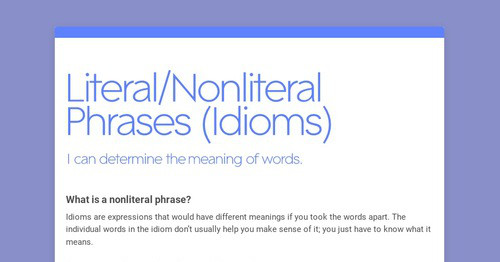Literal/Nonliteral Phrases (Idioms) | Smore Newsletters