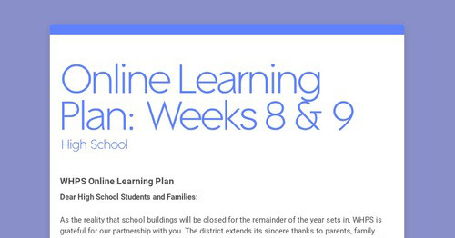Online Learning Plan: Weeks 8 & 9