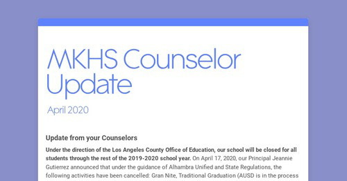 MKHS Counselor Update | Smore Newsletters for Education
