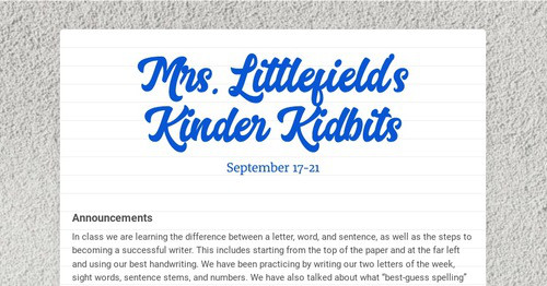Mrs. Littlefield's Kinder Kidbits | Smore Newsletters