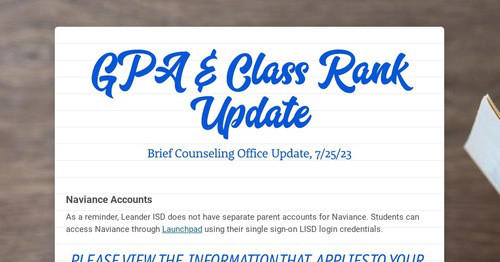 GPA & Class Rank Update