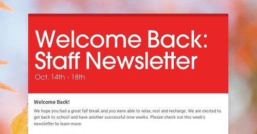 Welcome Back: Staff Newsletter