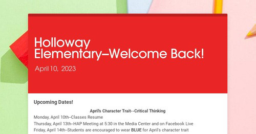 Holloway Elementary--Welcome Back! | Smore Newsletters