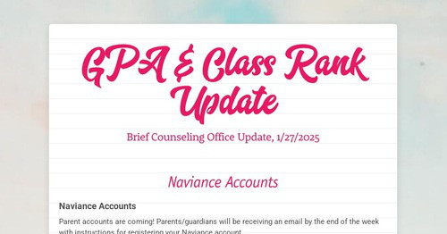 GPA & Class Rank Update