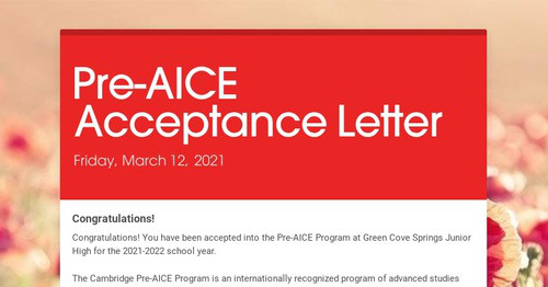 Pre-AICE Acceptance Letter | Smore Newsletters