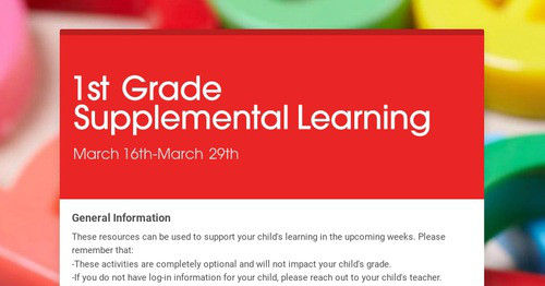 1st Grade Supplemental Learning | Smore Newsletters