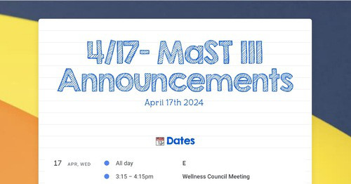 4/17- MaST III Announcements