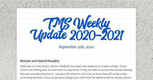 TMS Weekly Update 2020-2021 | Smore Newsletters