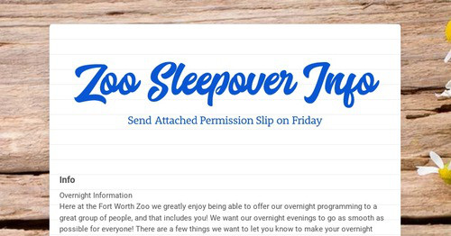 Zoo Sleepover Info | Smore Newsletters
