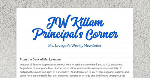 JW Killam Principal's Corner | Smore Newsletters for Business