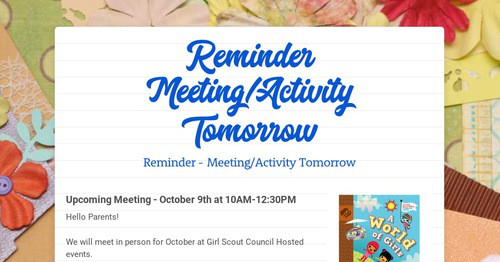 Reminder Meeting/Activity Tomorrow | Smore Newsletters